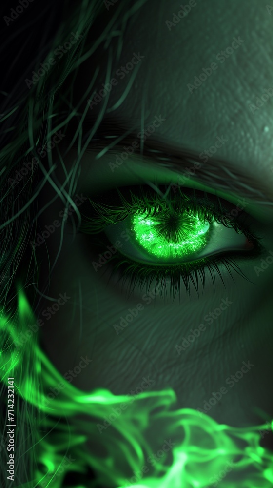 Woman's green eye in the dark. Fire. Piercing eyes. Burning demonic ...