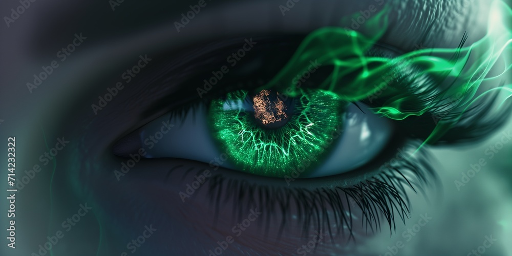 Woman's green eye in the dark. Fire. Piercing eyes. Burning demonic ...