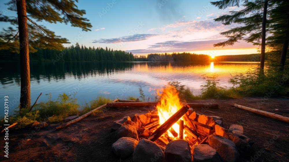 Beautiful campfire in the evening at the forest. Neural network AI ...