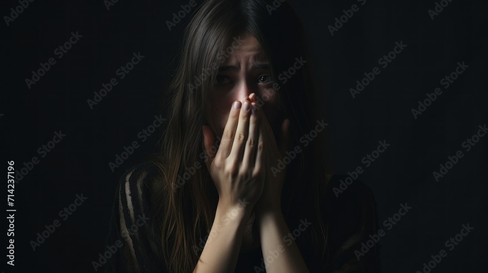 Foto de Portrait of crying woman covering her face with her hands ...