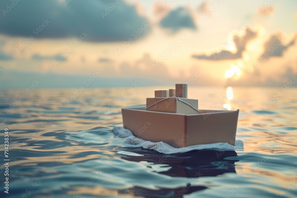 carton box in the shape of ship floating by the sea ,at the seaport ...