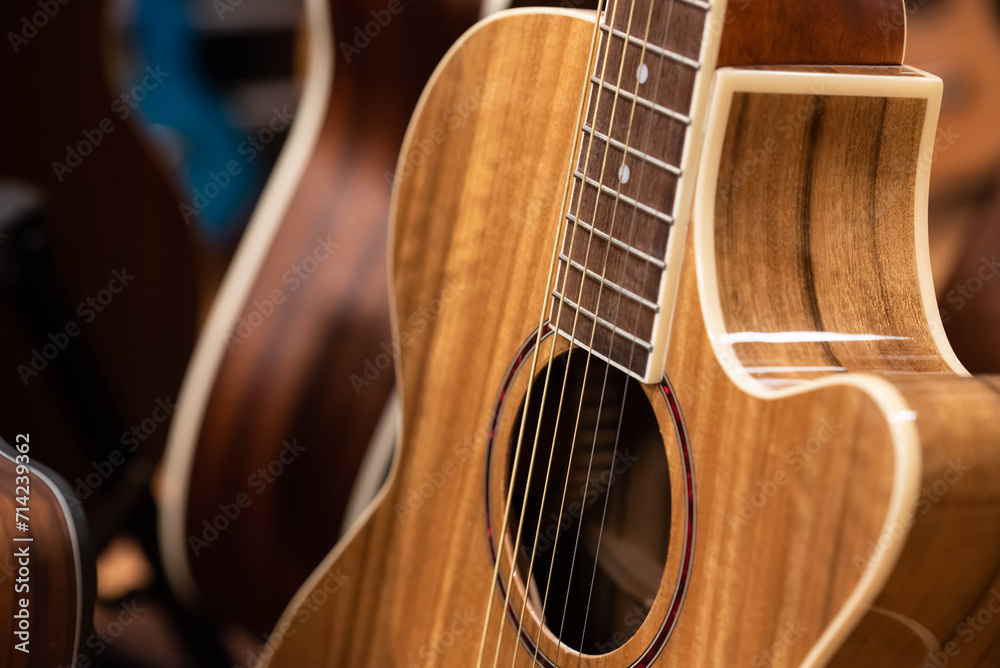 Closeup of row of different colorful guitars on the display for sale ...