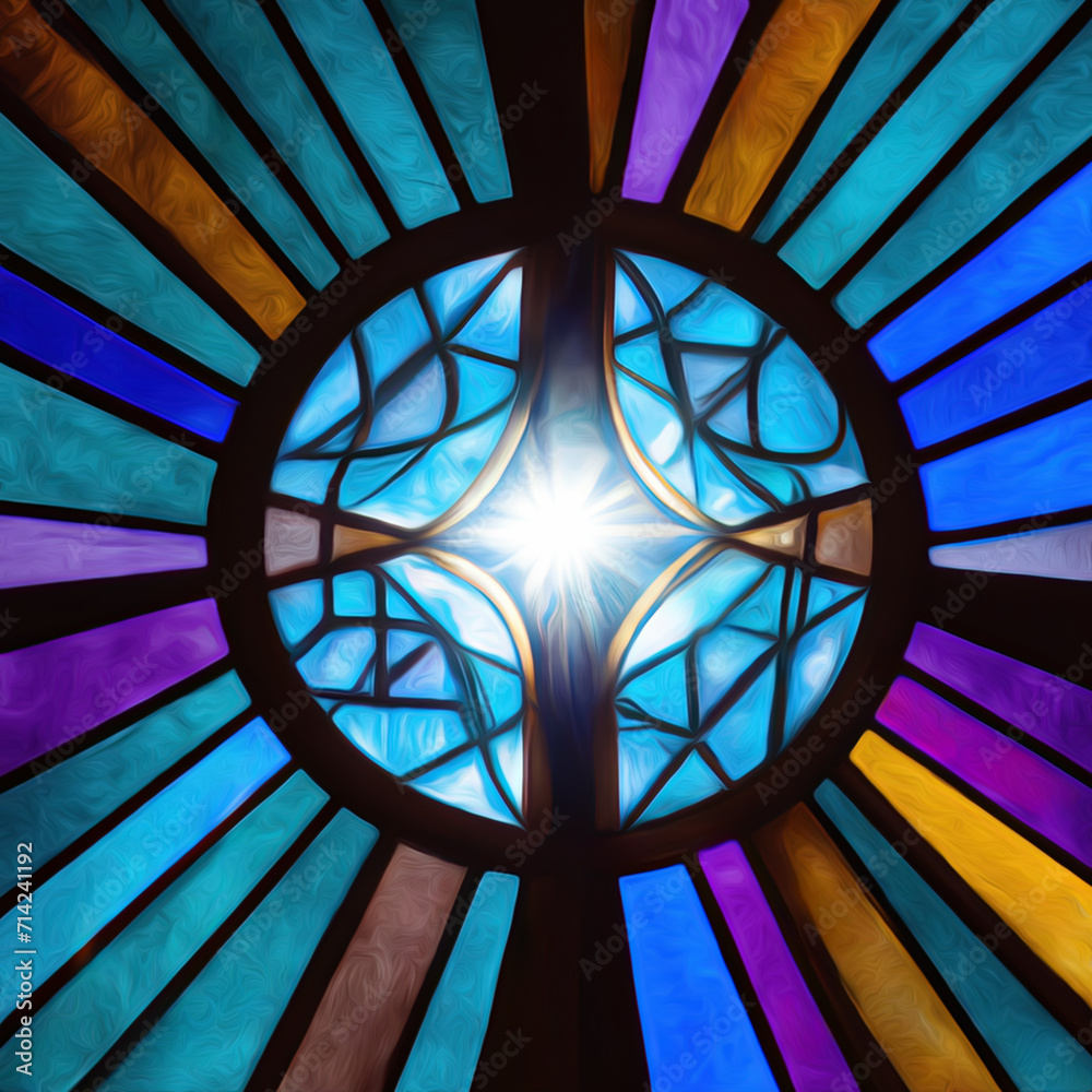 Stained glass window with radial symmetry of rays outside a thick black ...