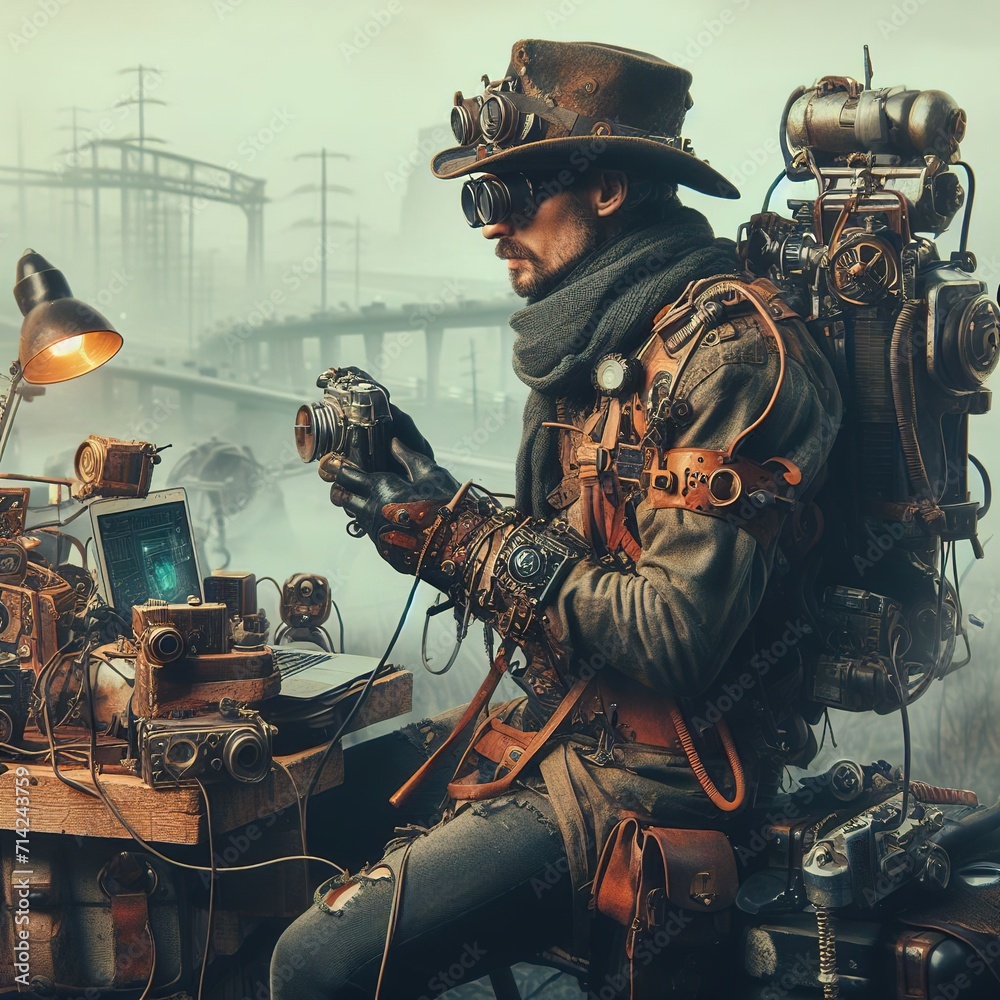 Steampunk wasteland explorer in a cyberpunk dystopian world, equipped ...