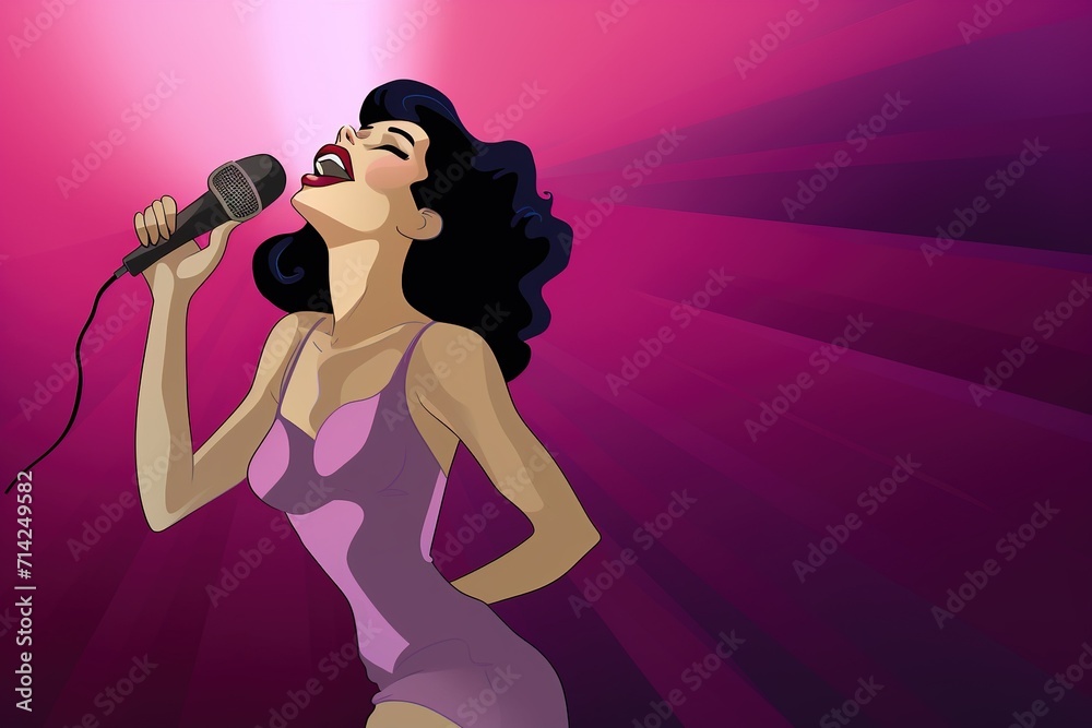 Animated illustration of a female singer, passionately performing into ...