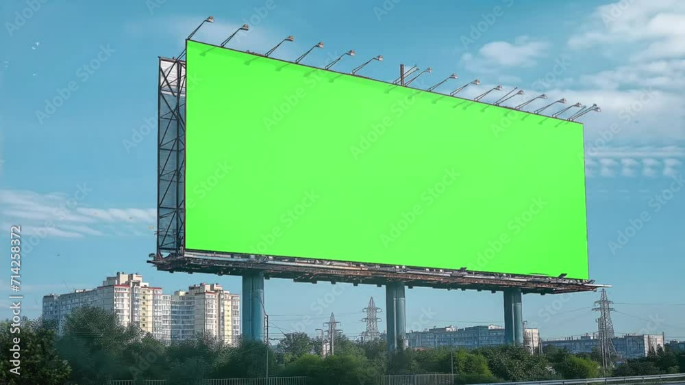 Blank green screen billboard with cityscape background at day time ...