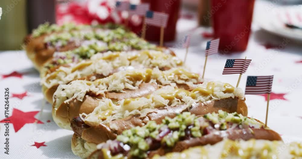 Vidéo Stock American flag, food and hot dog for independence day ...
