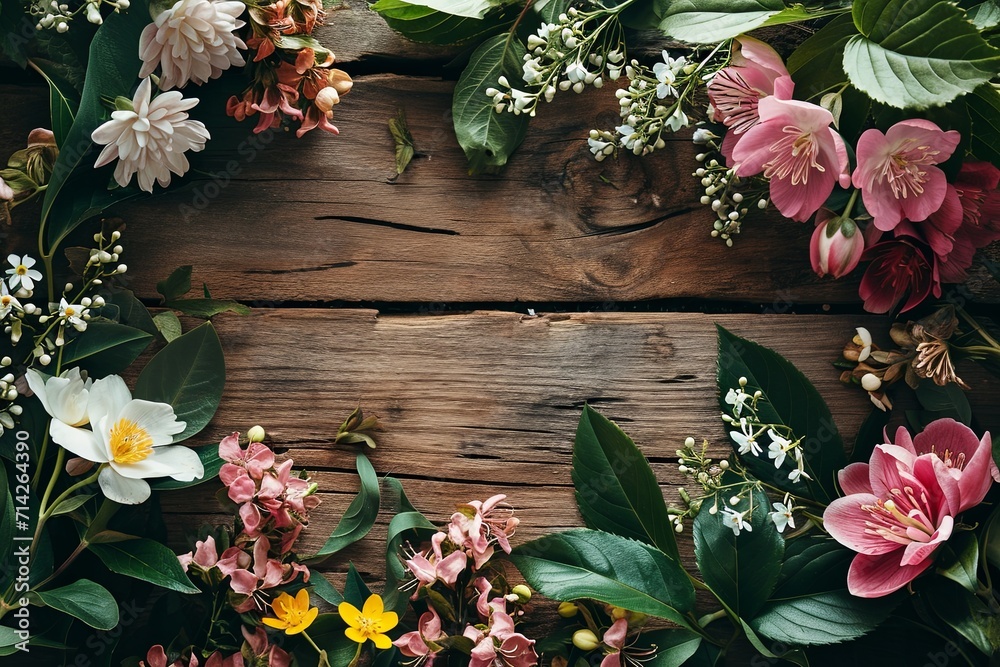 Spring flower frame or floral border rustic wooden background with ...