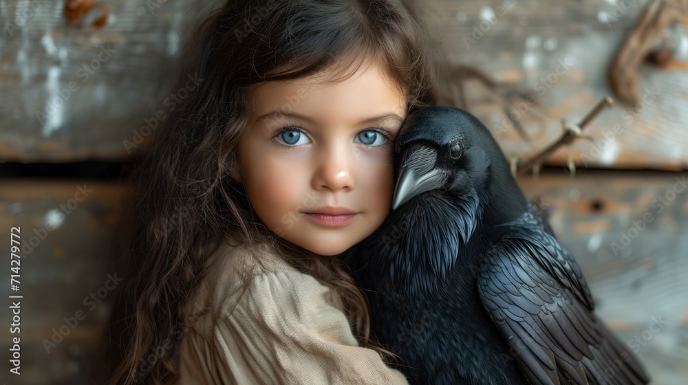 Very beautiful white blue-eyed little girl hugging a black raven bird ...