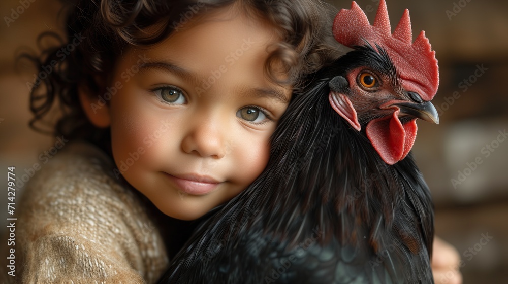 A very handsome boy gently hugging a black rooster. Poster about ...