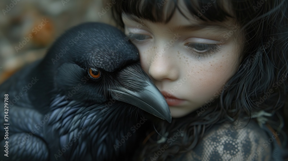 Foto de Very beautiful white blue-eyed little girl hugging a black ...