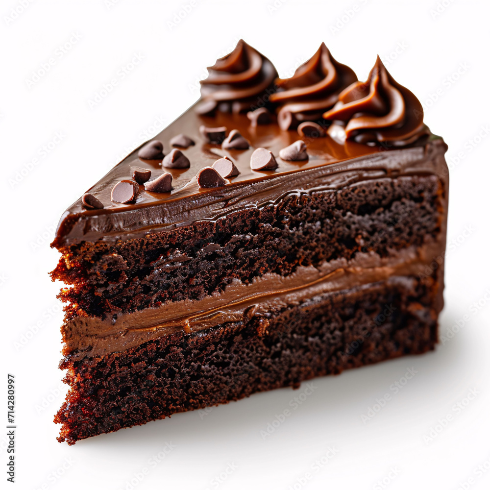 Triangle shape slices piece of dark chocolate fudge cake topping with ...