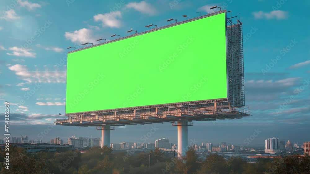 Blank green screen billboard with cityscape background at day time ...