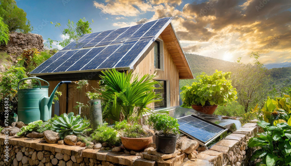 eco-friendly home with solar panels, rainwater harvesting system, and a ...