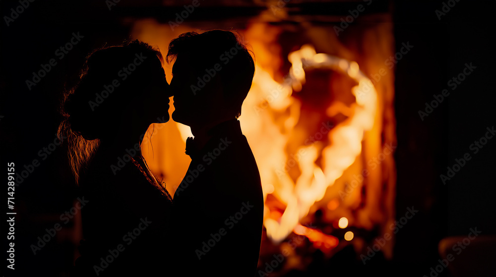 Romantic couple silhouette in front of a fireplace of Valentine's day ...