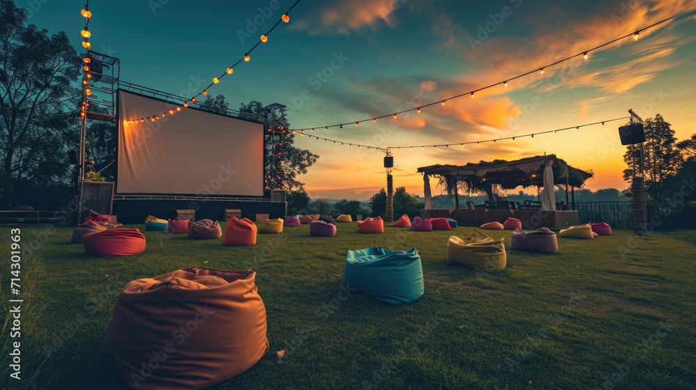 Outdoor cinema setup with a large movie screen and multiple colorful ...