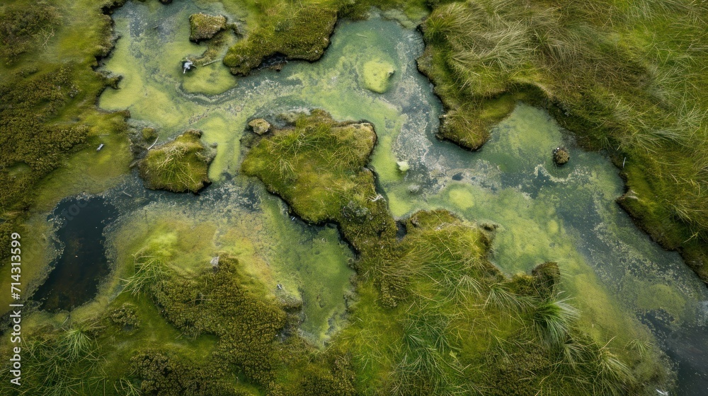 an aerial view of a body of water with green algae in the water and ...
