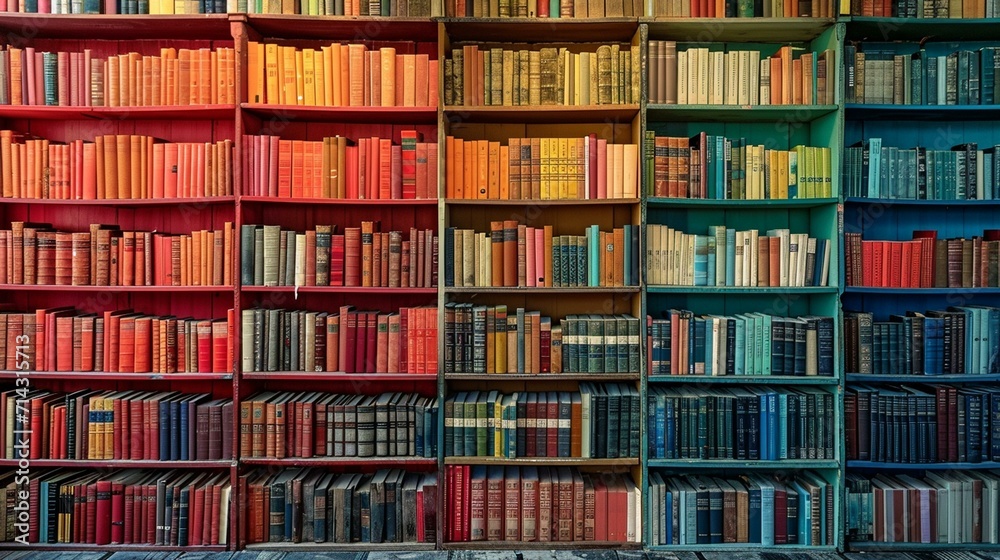 Color-coded bookshelves creating a visually striking and organized ...