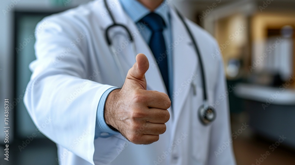 Confident close-up of a doctor in a white coat demonstrating proper ...