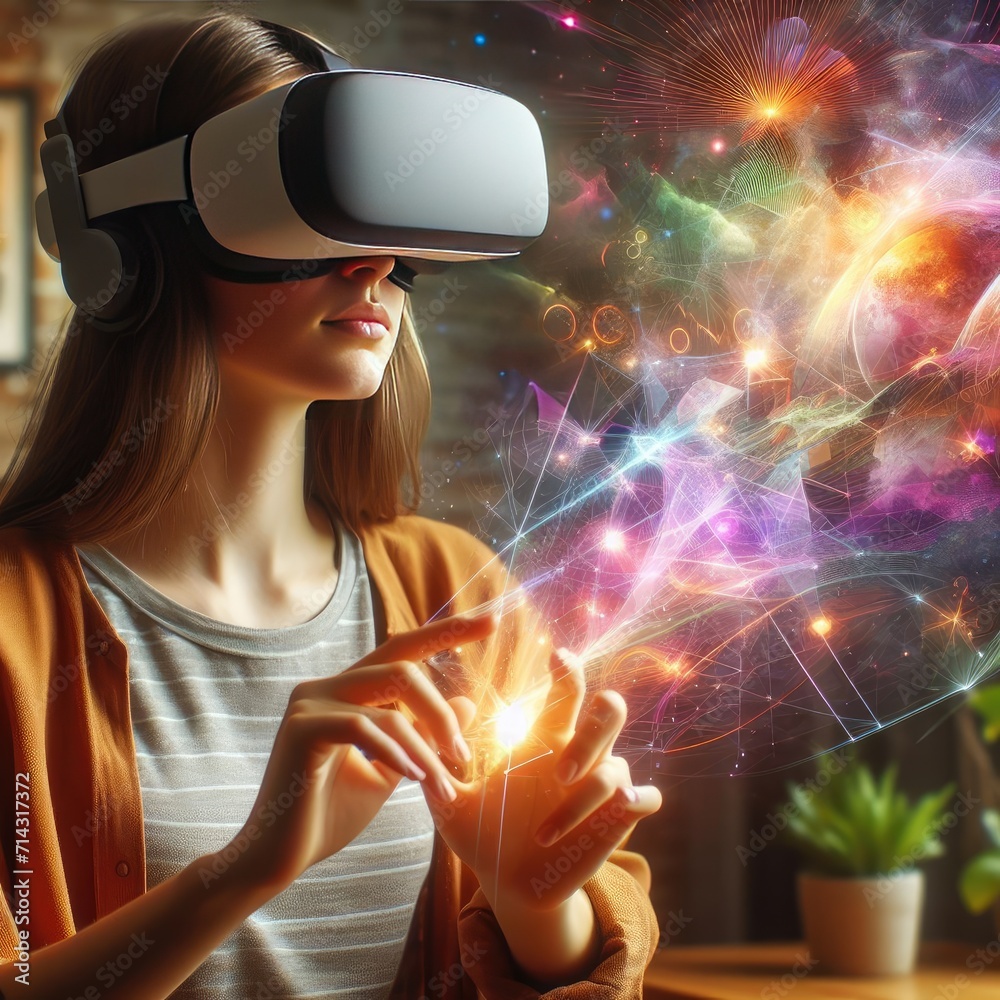 neon portrait of young female wearing VR glasses, VR headset virtual ...