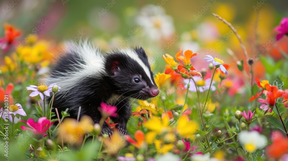 a close up of a small animal in a field of flowers with a blurry ...