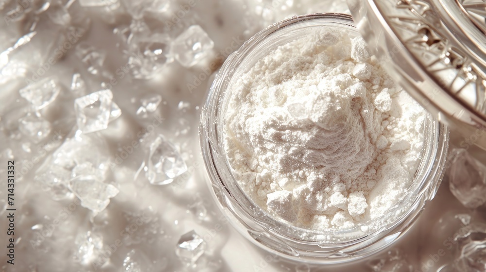 a jar filled with white powder sitting on top of a white table covered ...