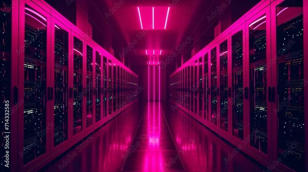 Shot of Dark Data Center With Multiple Rows of Fully Operational Server ...