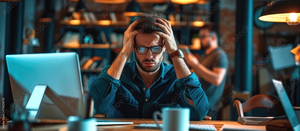 Men are stressed at work. The man is holding his head in distress ...