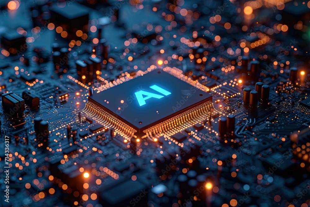 microchip with "AI" logo text irradiating pulse of blue energy to other ...