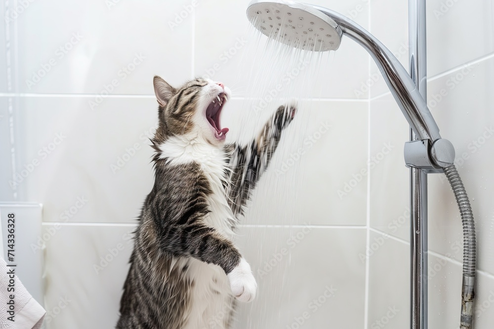 Funny Cat Taking A Shower Like Human And Singing Under The Water Stock