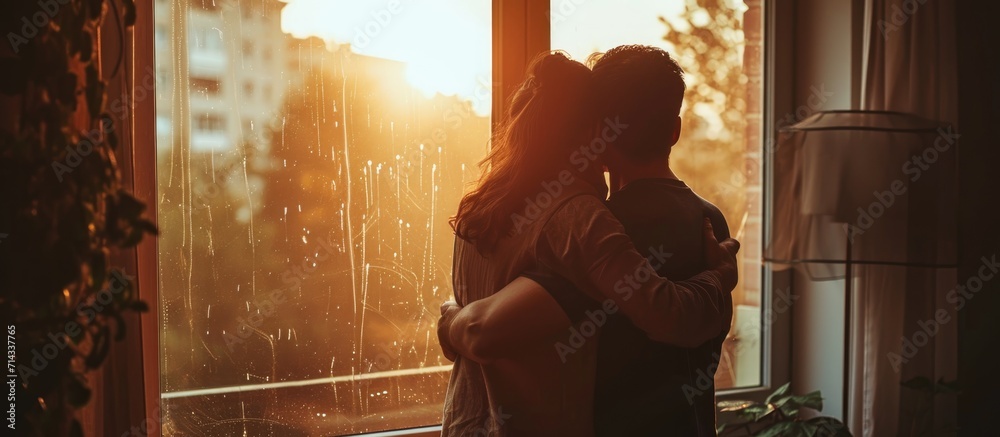 People embracing by a window, experiencing peace, romance, support ...