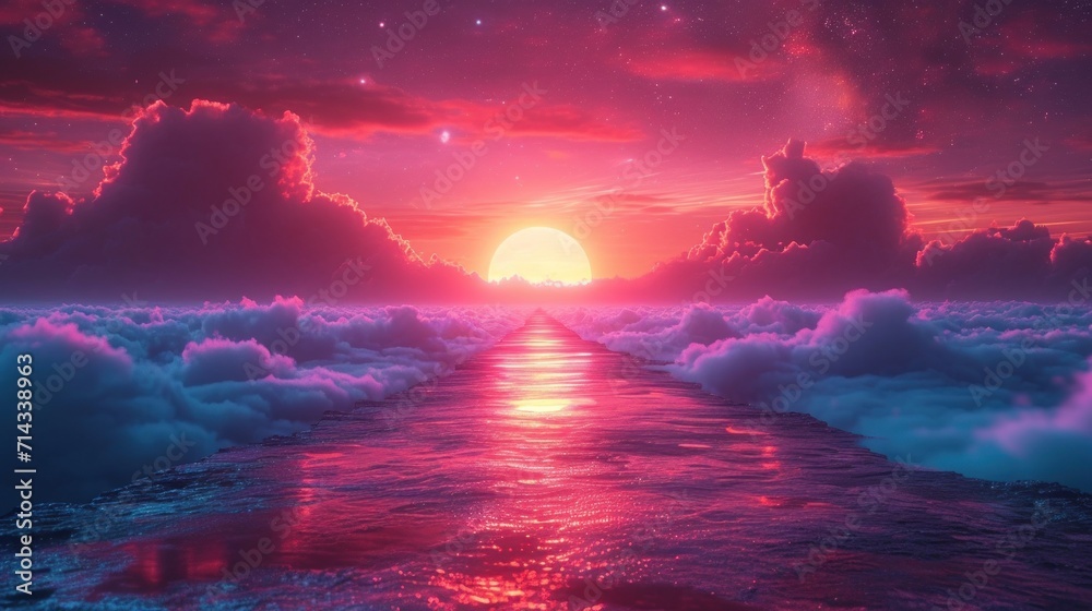 Neon and nostalgia blend in a futuristic sunset, with vapor waves and a ...
