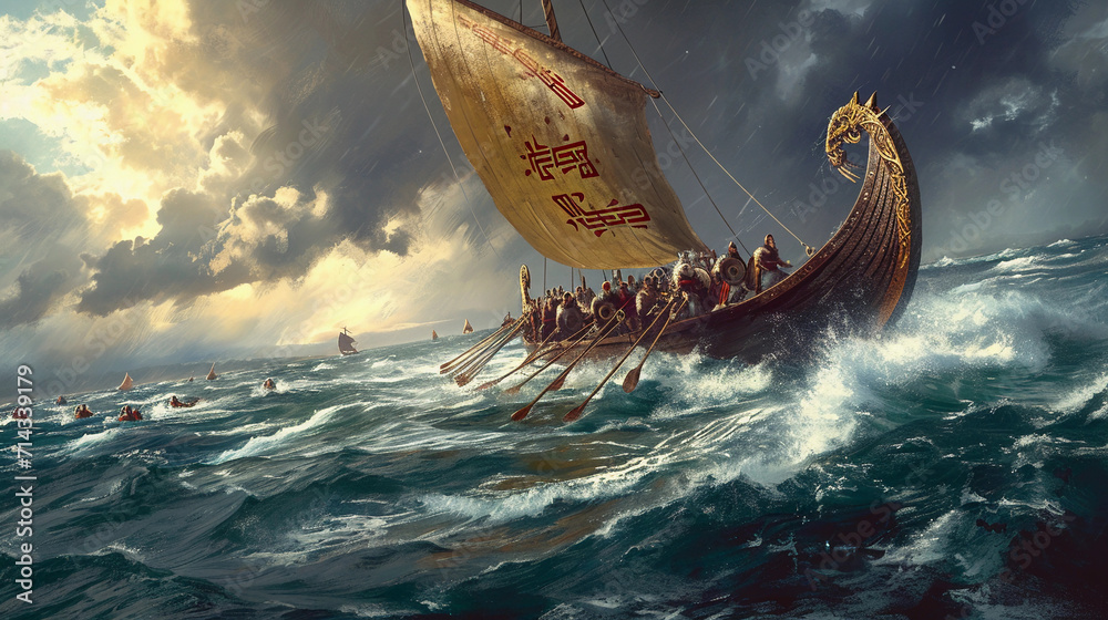 Viking longship sailing on a rough, cold North Atlantic sea, with a ...