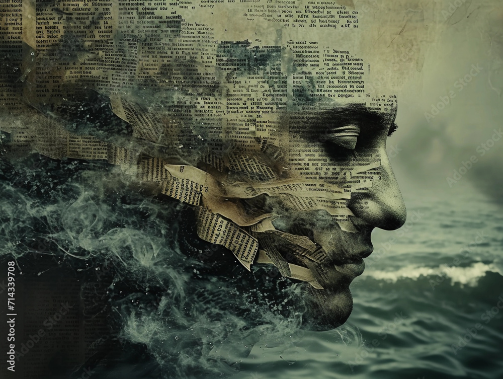 surreal composition blending a poet's face with flowing words and ...