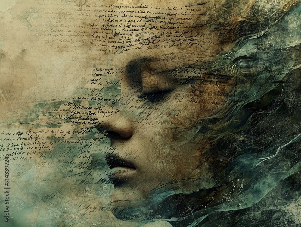 surreal composition blending a poet's face with flowing words and ...