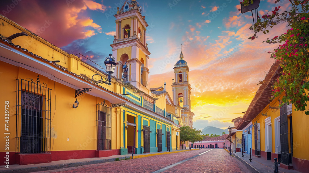Spanish colonial cathedral with colorful tiles and ornate bell towers ...