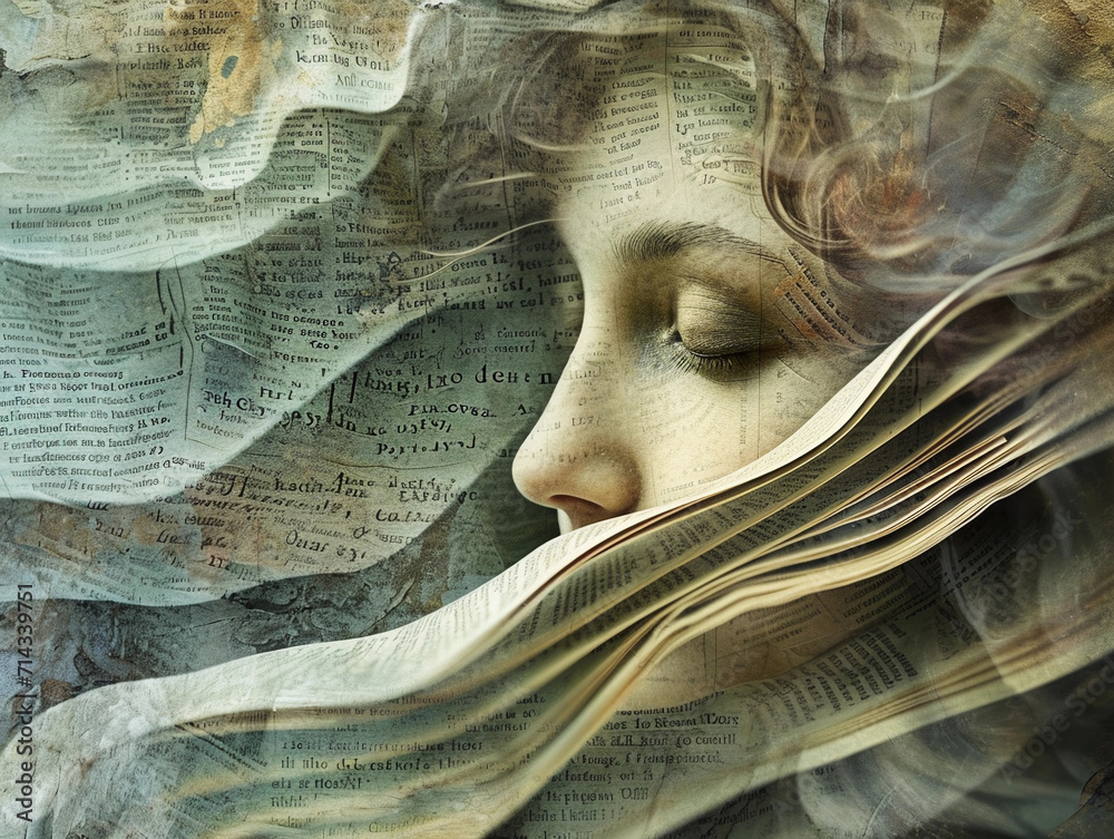 surreal composition blending a poet's face with flowing words and ...