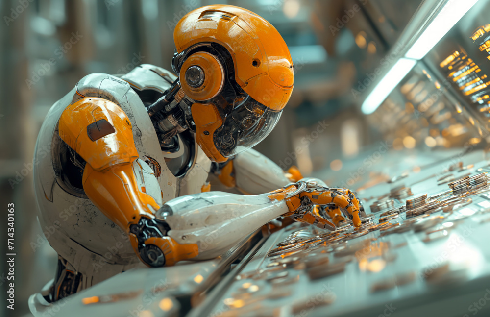 Efficient Robot Working on Conveyor Belt in Factory. A robot performs ...