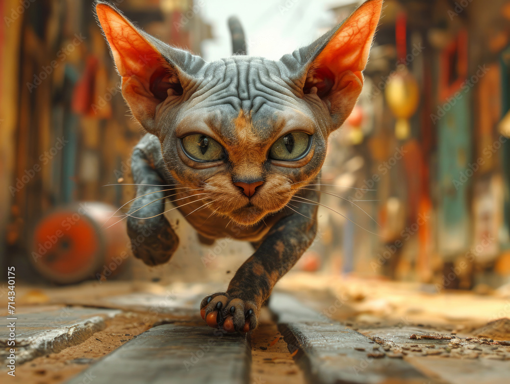 A sphynx cat running. Cat Running Down City Street in Search of ...
