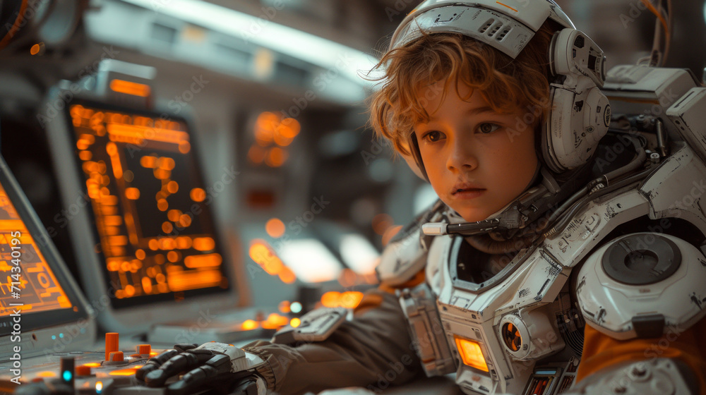 Boy in Space Suit Using Computer for Space Exploration. A young boy ...