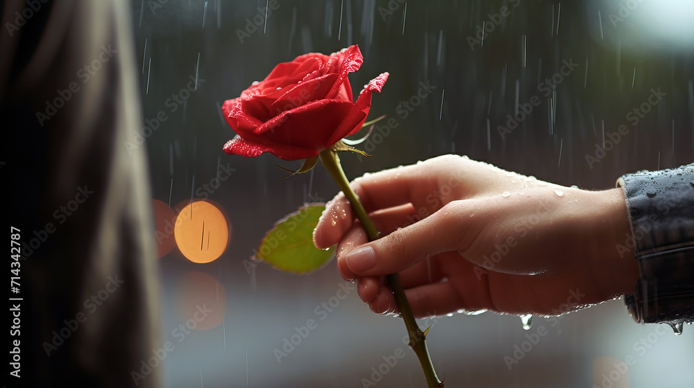 Love, rose and valentines day with a boyfriend hand giving a red rose ...