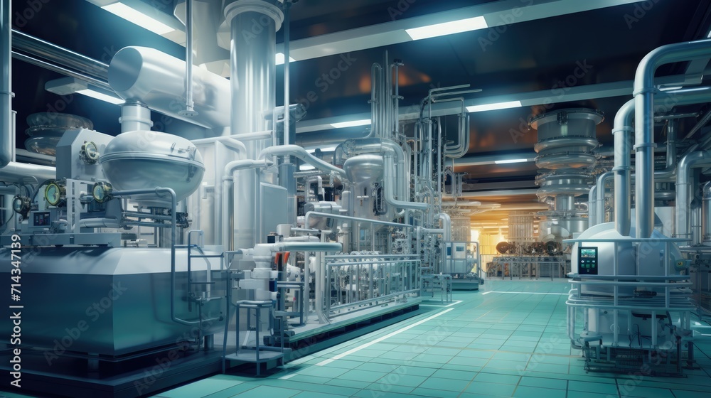 Chemical factory. Interior of a high-tech plant with tanks and pipes ...