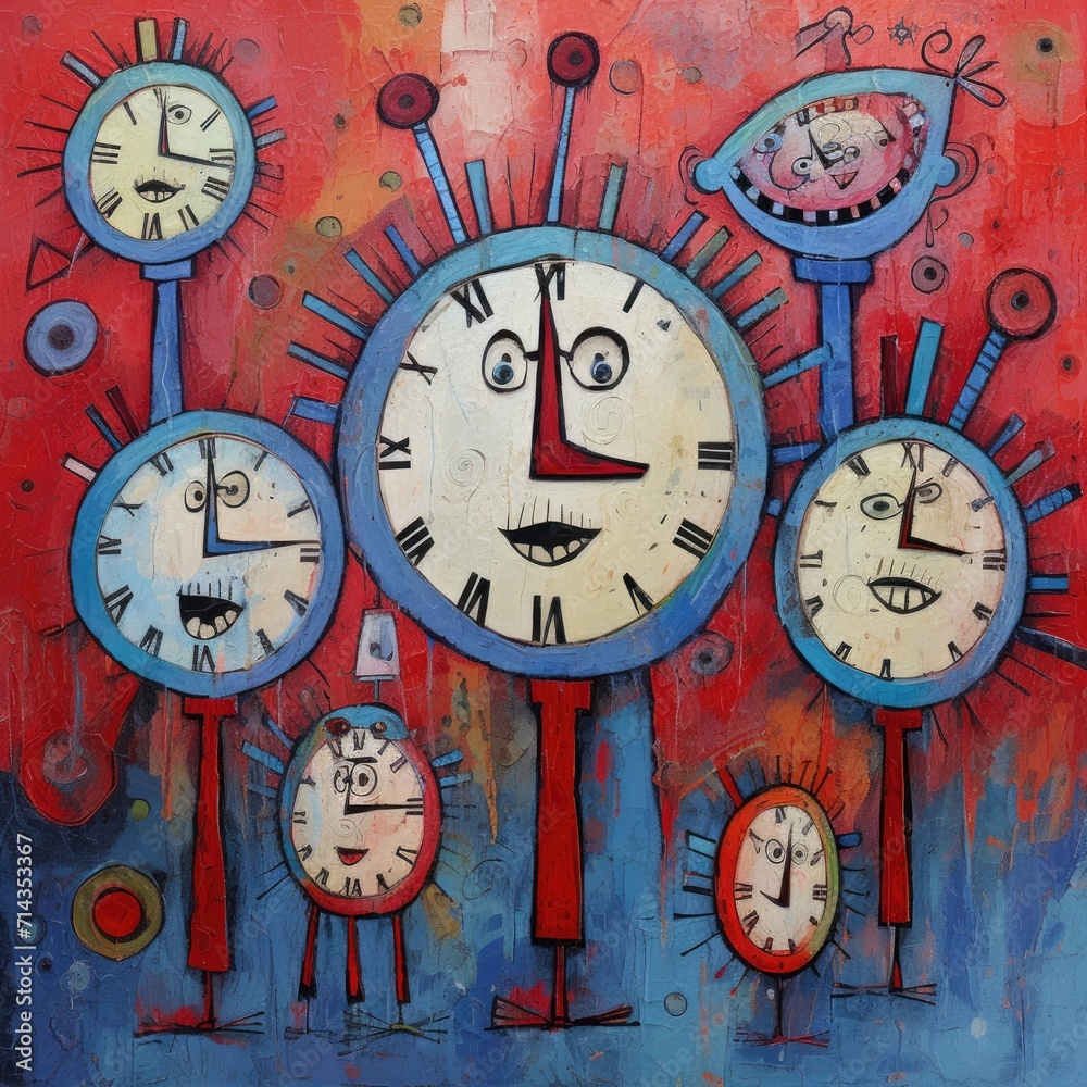 Painting of clocks with faces, timepieces reimagined as characters ...