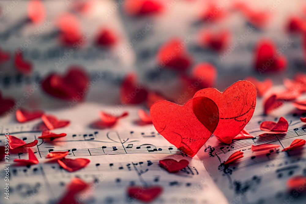 Fluttering heart-shaped notes on a music sheet background, dynamic and ...