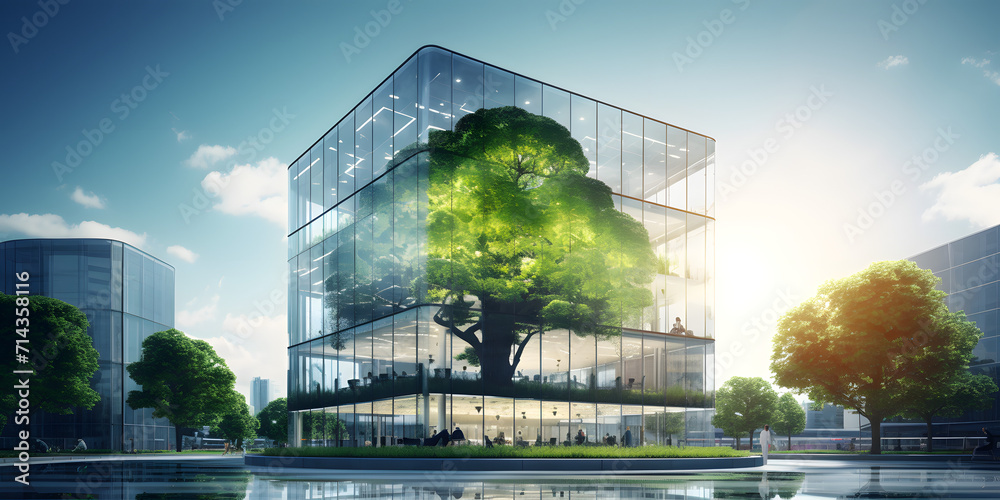 Sustainble green building. Eco-friendly building. Sustainable glass ...