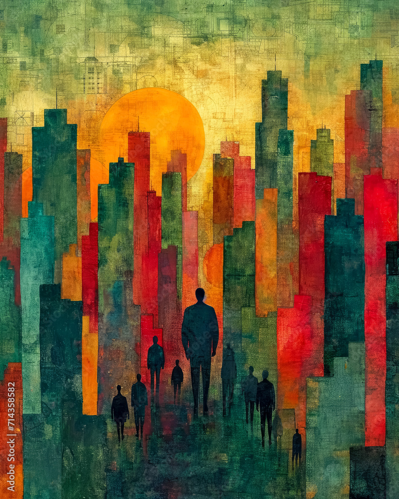 Artwork in the form of a painting with skyscrapers and silhouettes of ...