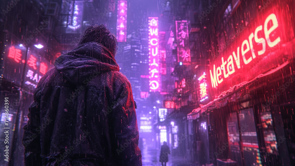 Neon sign Metaverse on cyberpunk city street, man walks in dark ...