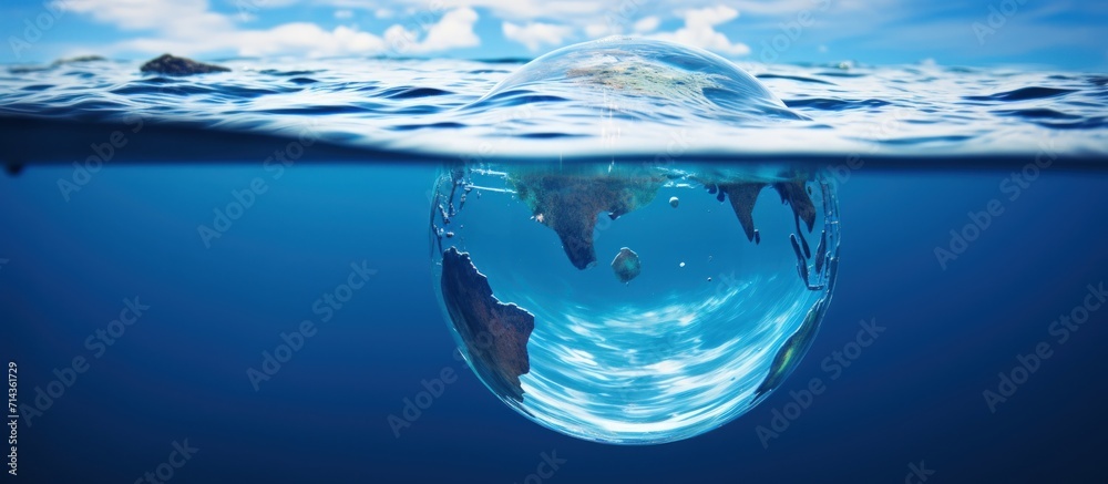 Closeup floating transparent blue earth globe on the deep sea water ...