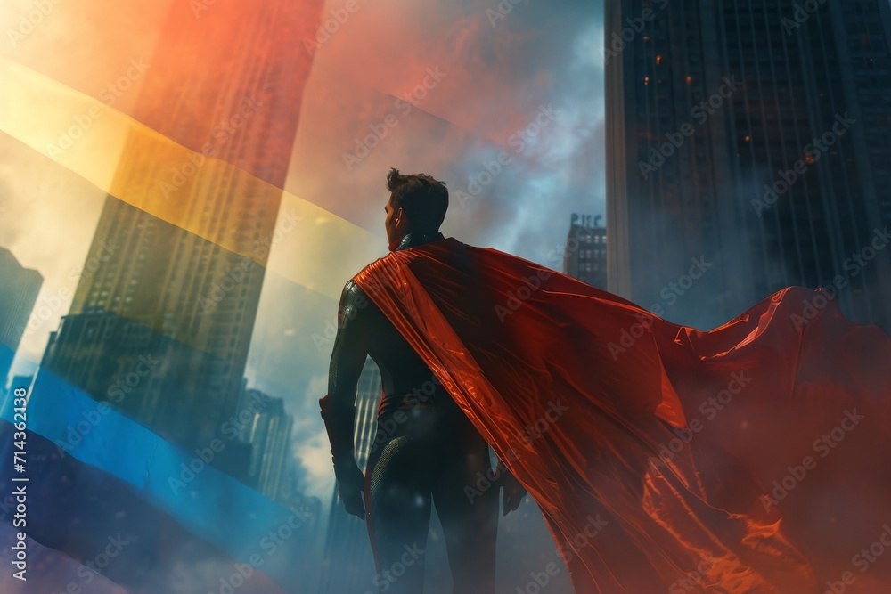 A man, dressed in a superhero garment, stands confidently in a ...