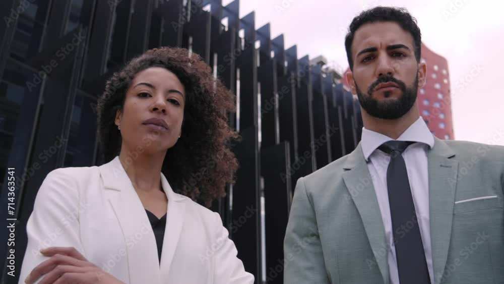 Vidéo Stock Low angle view of team diverse formal professionals posing ...